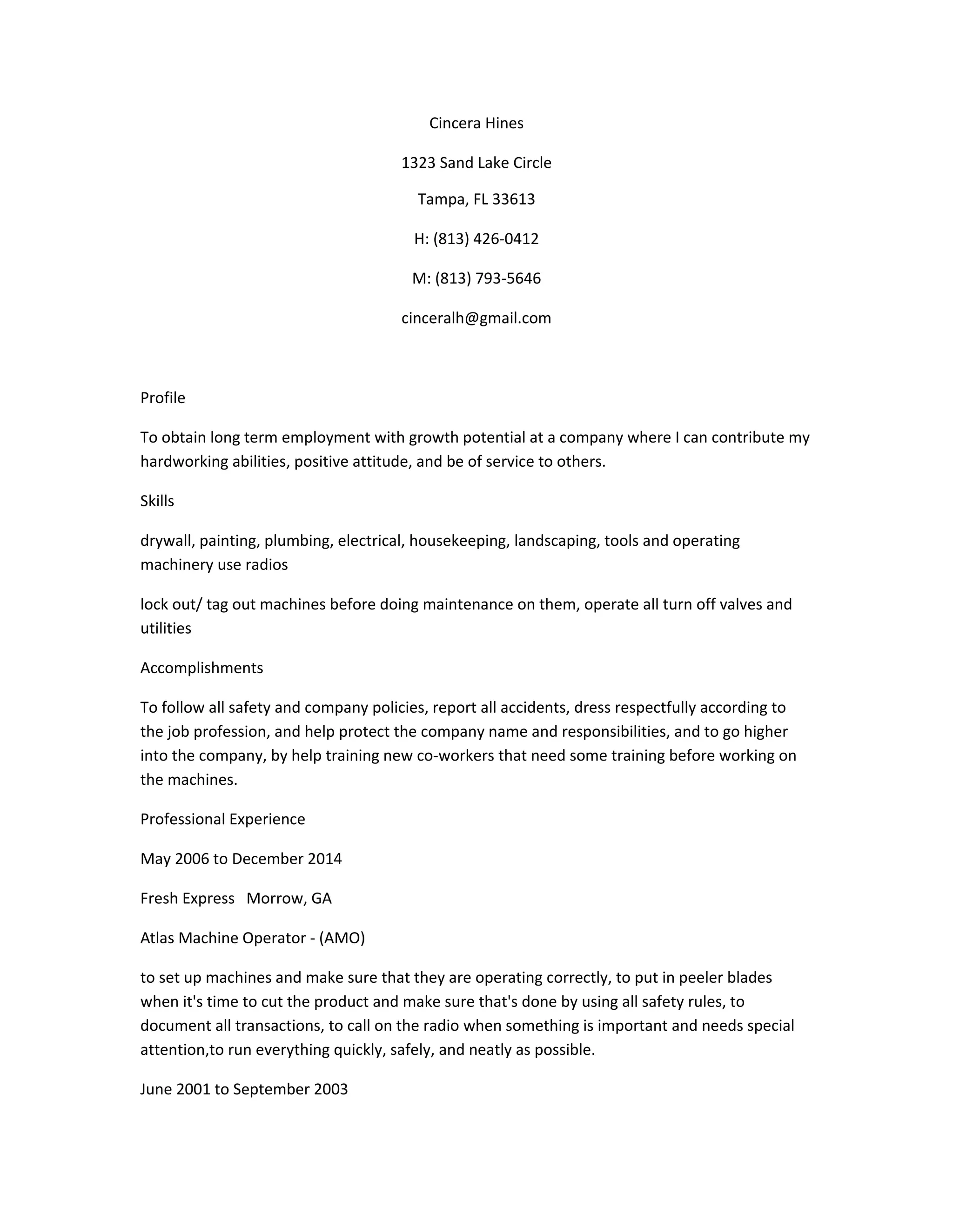 Cincera's Resume | RTF