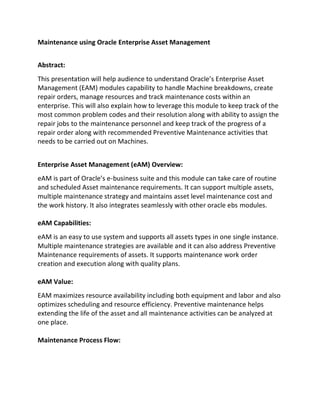 Maintenance using Oracle Enterprise Asset Management | PDF