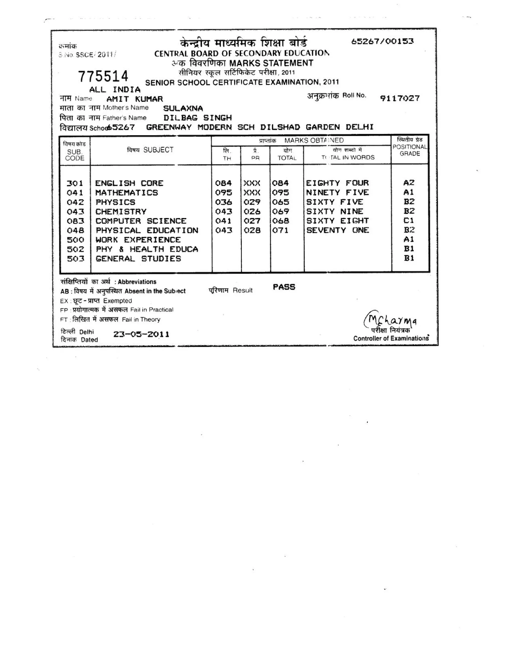 Amit Kumar - MarkSheet CBSE 12th | PDF