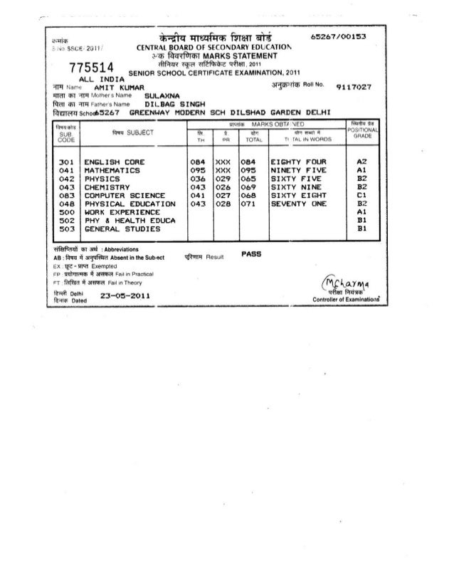 Amit Kumar - MarkSheet CBSE 12th
