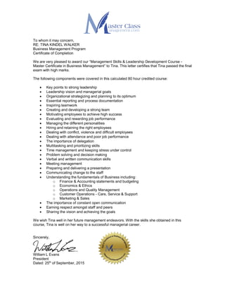 Certification Reference Letter - TINA KINDEL WALKER | PDF