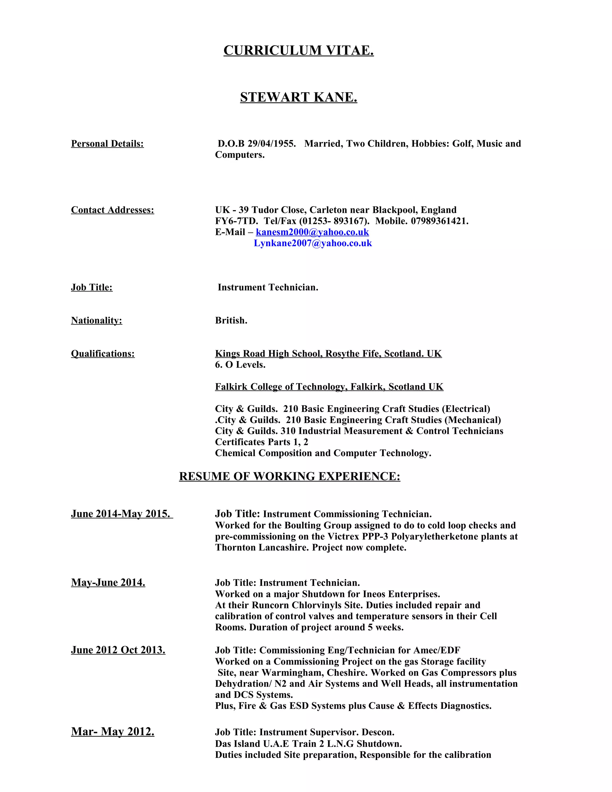 Stewart Kane CV 2015 | DOC