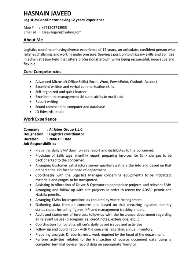 Logistics coordinator Hasnain Resume | PDF | Free Download