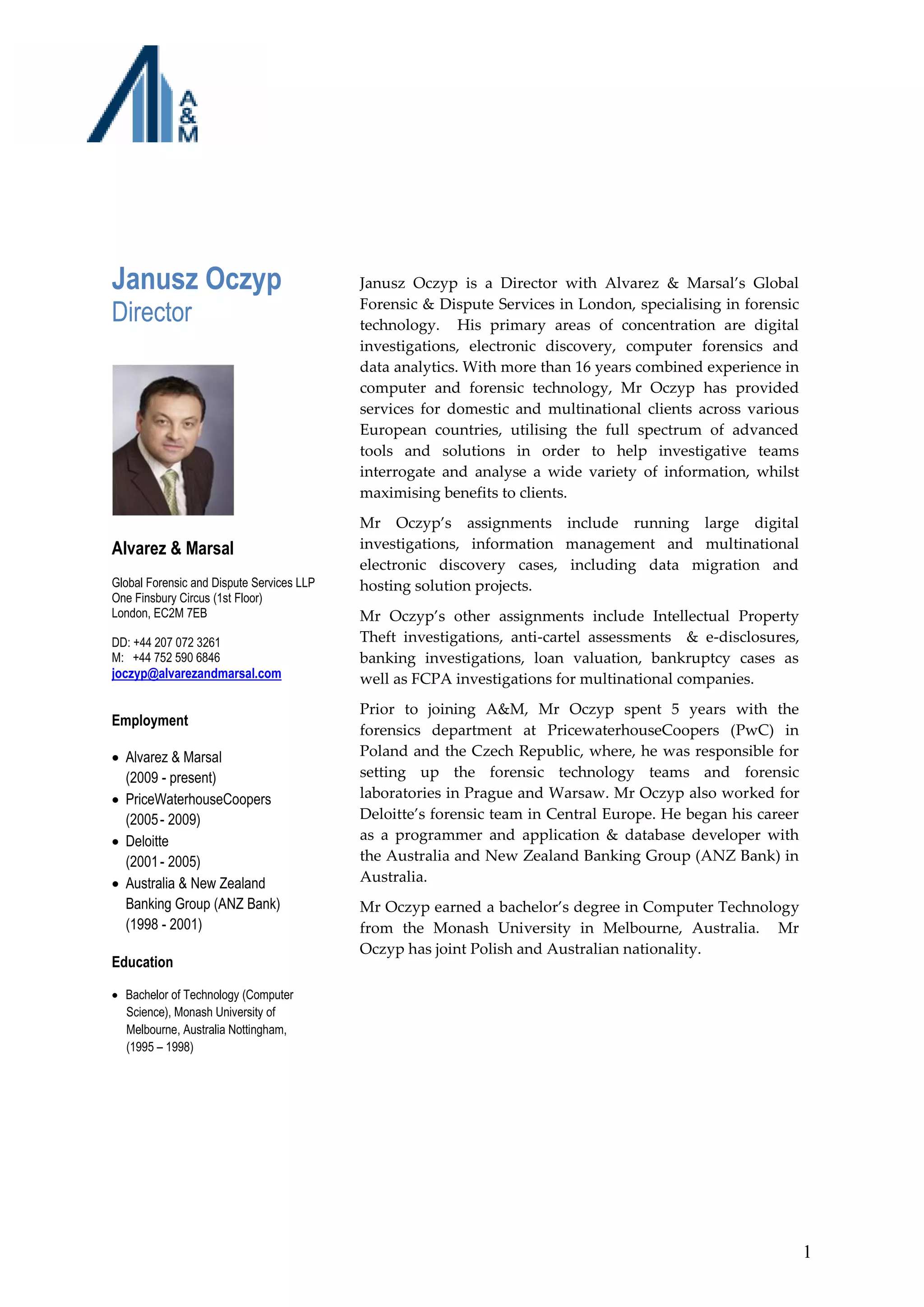 Janusz Oczyp CV AM with Qualifications - Regulatory and Banking Focus - Jun 2015 | PDF