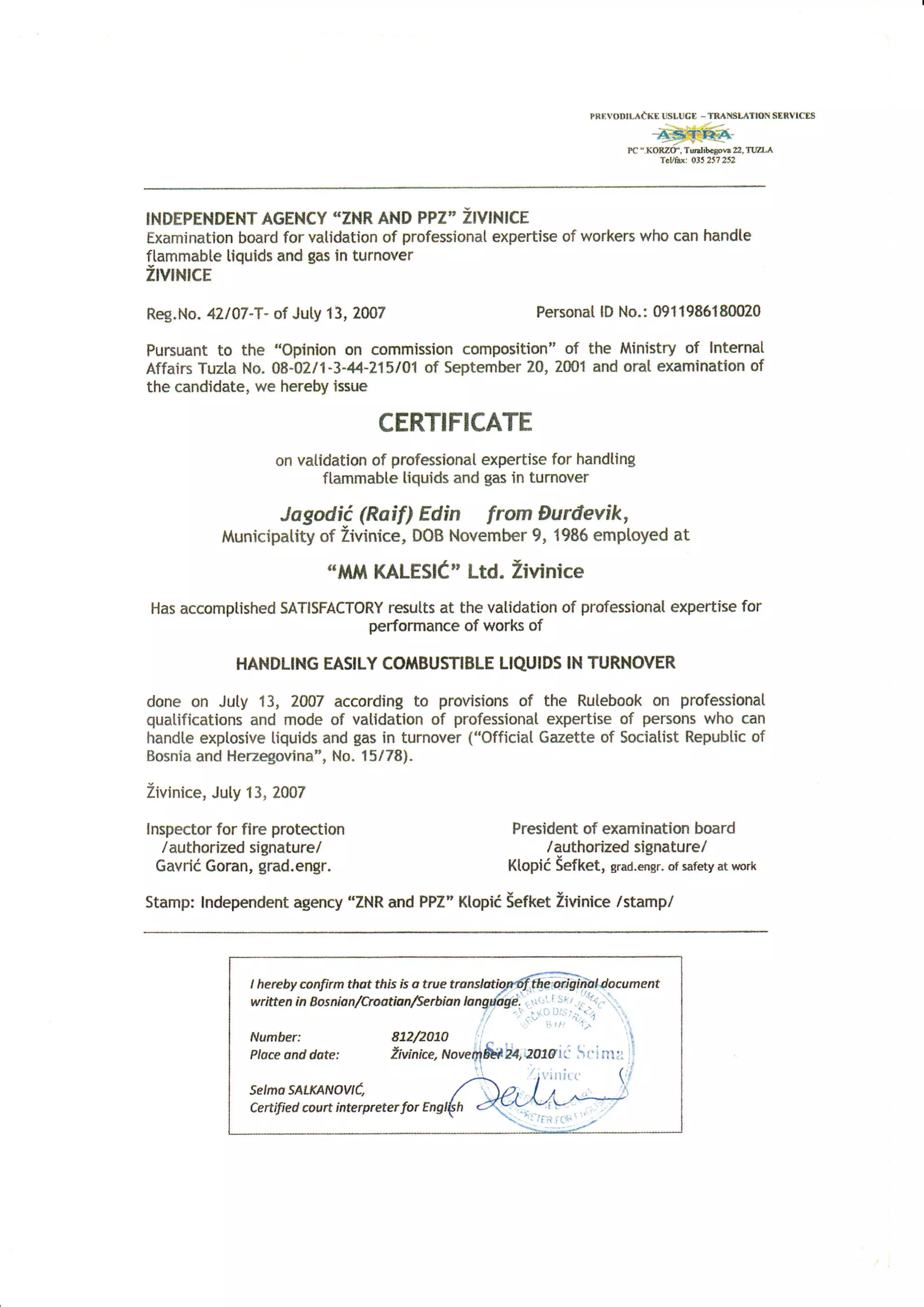 Certificate for handling with flammable liquids and gas | PDF
