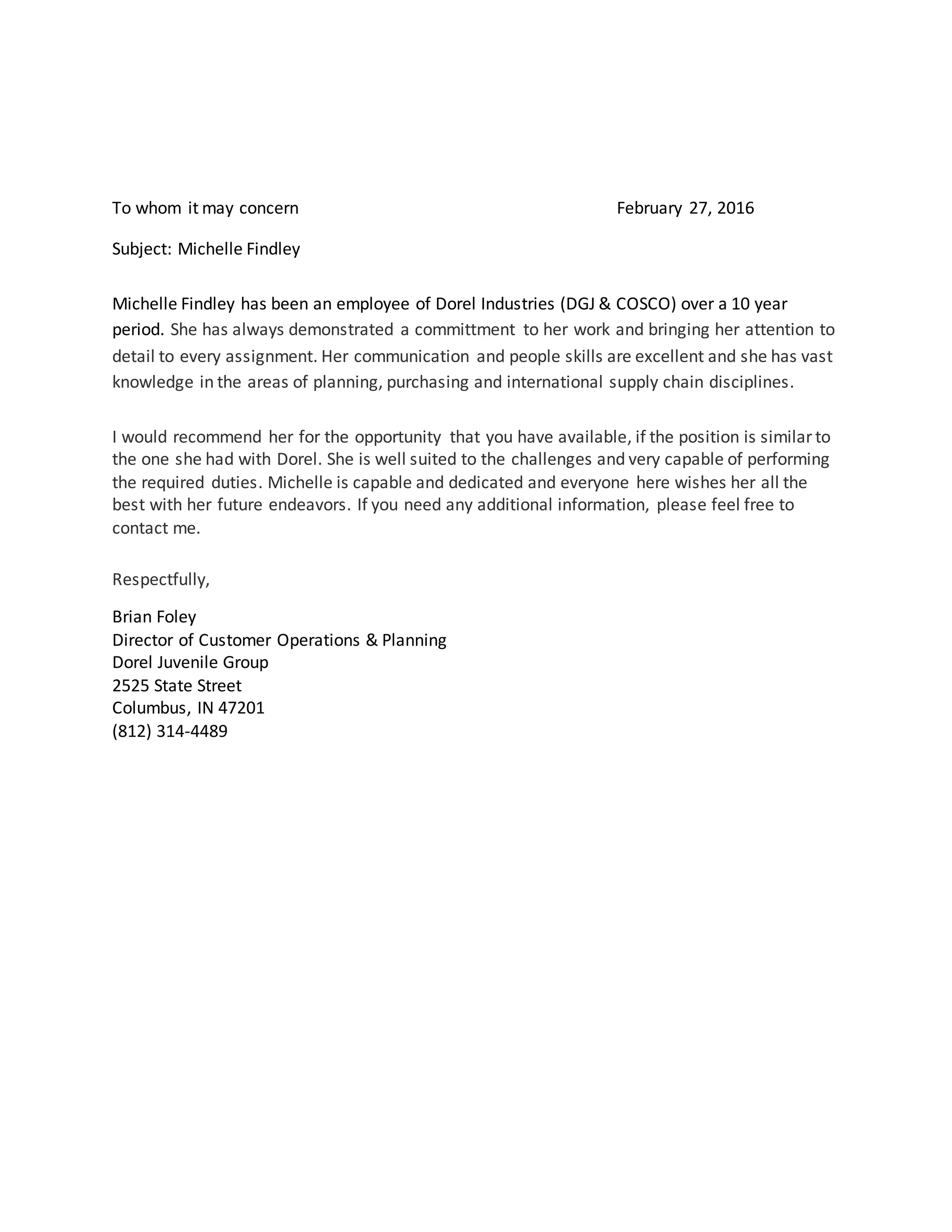 Reference Letter from Brian Foley | DOCX | Business | Business and Finance