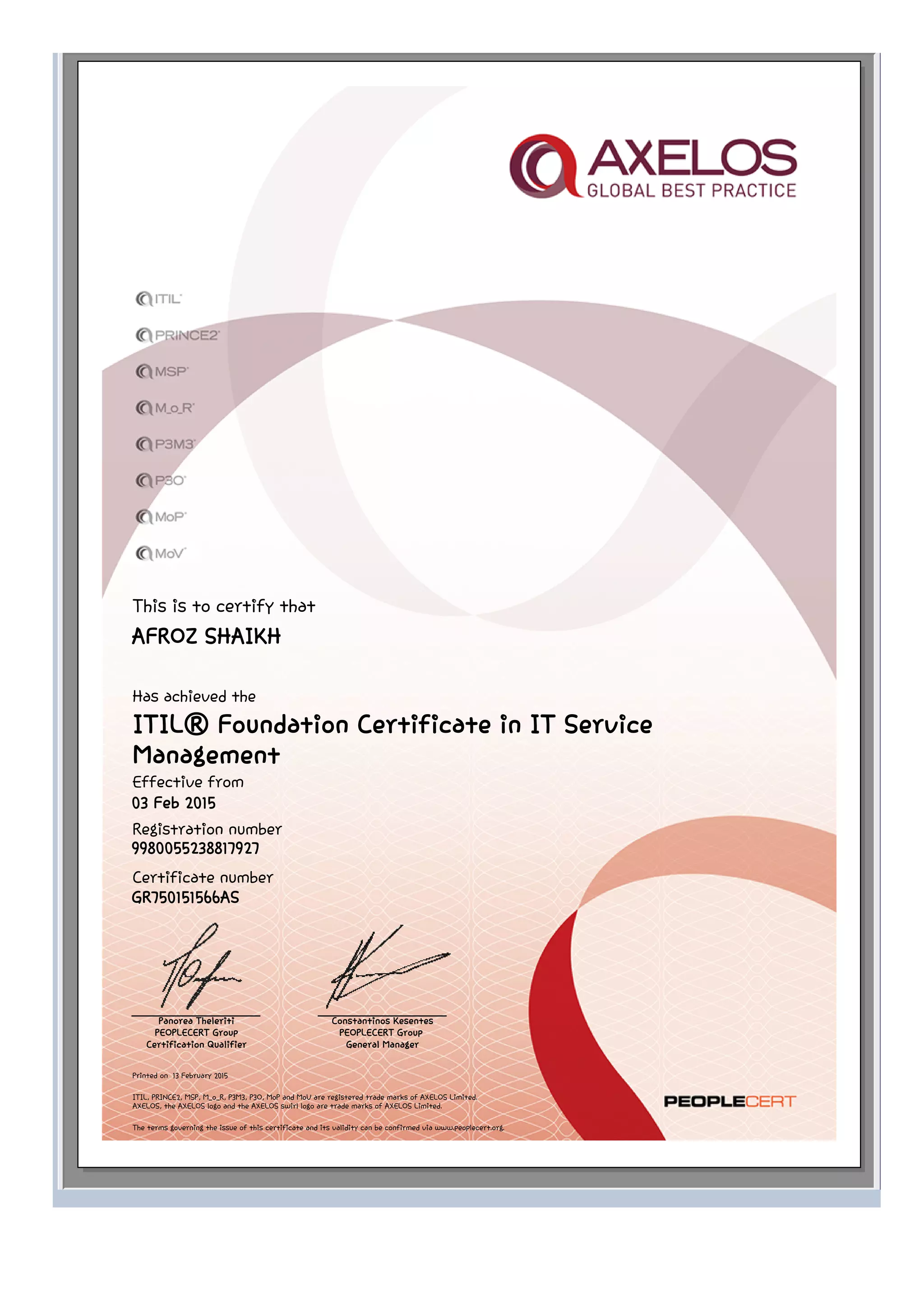 Afroz_Itil Certificate (1) | PDF