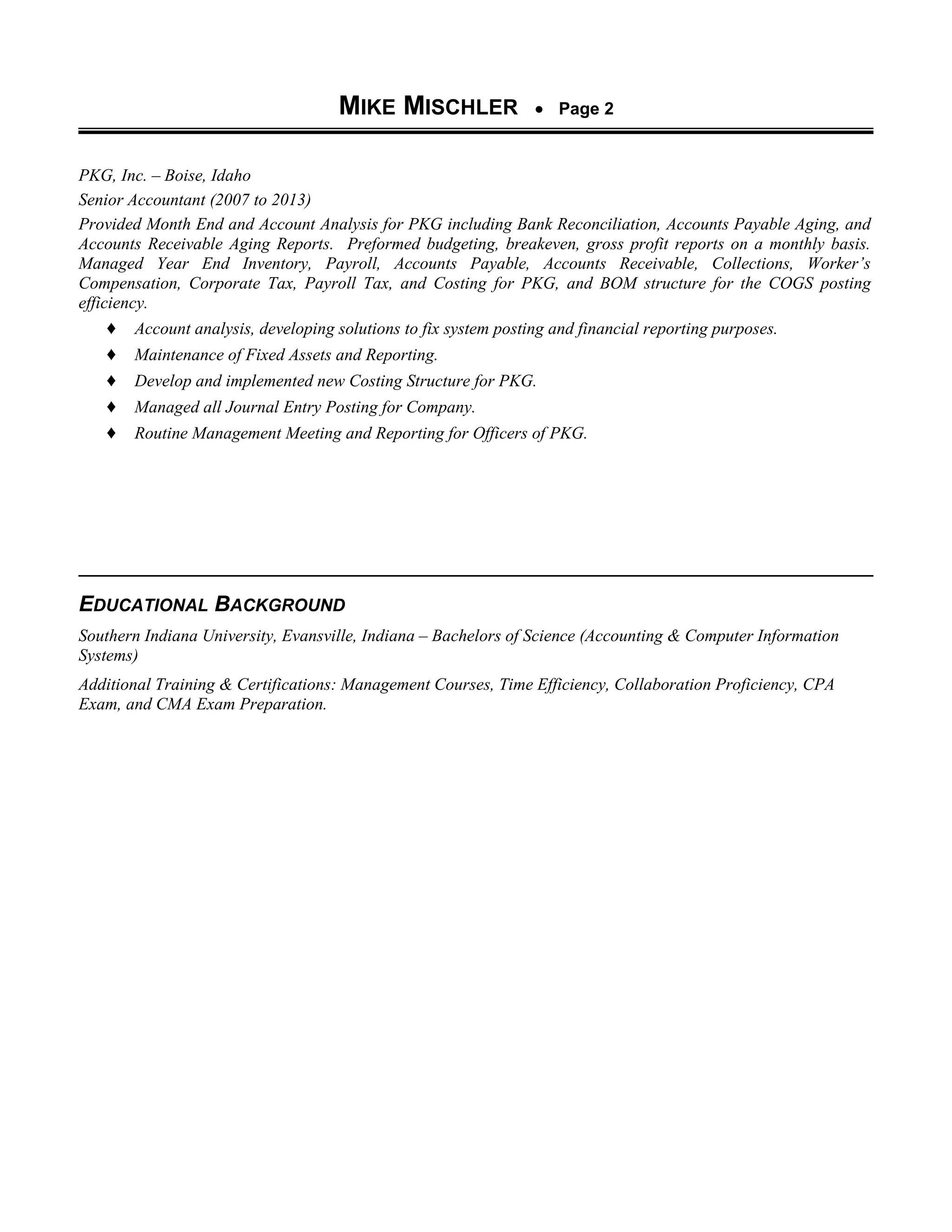 Mike Mischler Resume Accounting | PDF