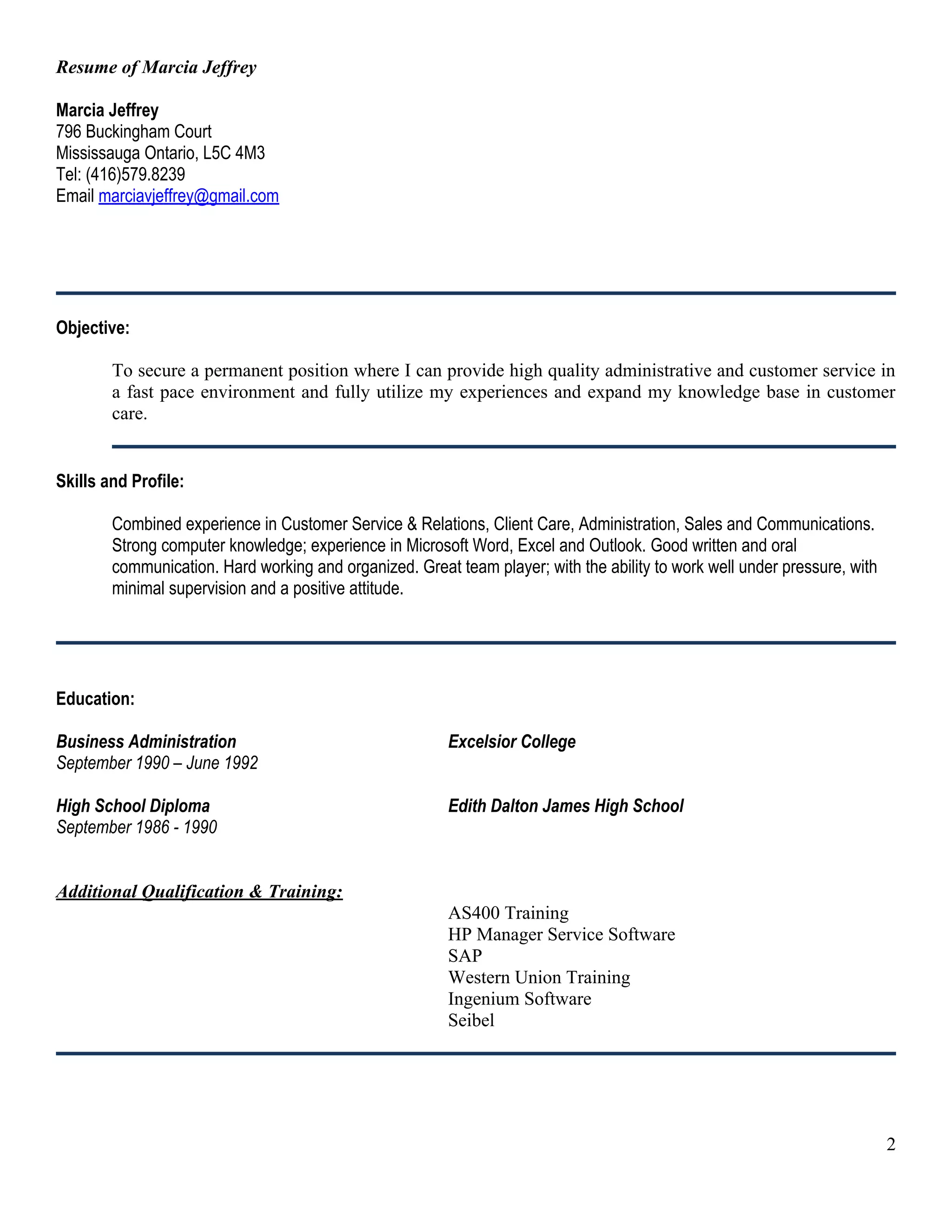 Marcia Jeffrey Resume | PDF