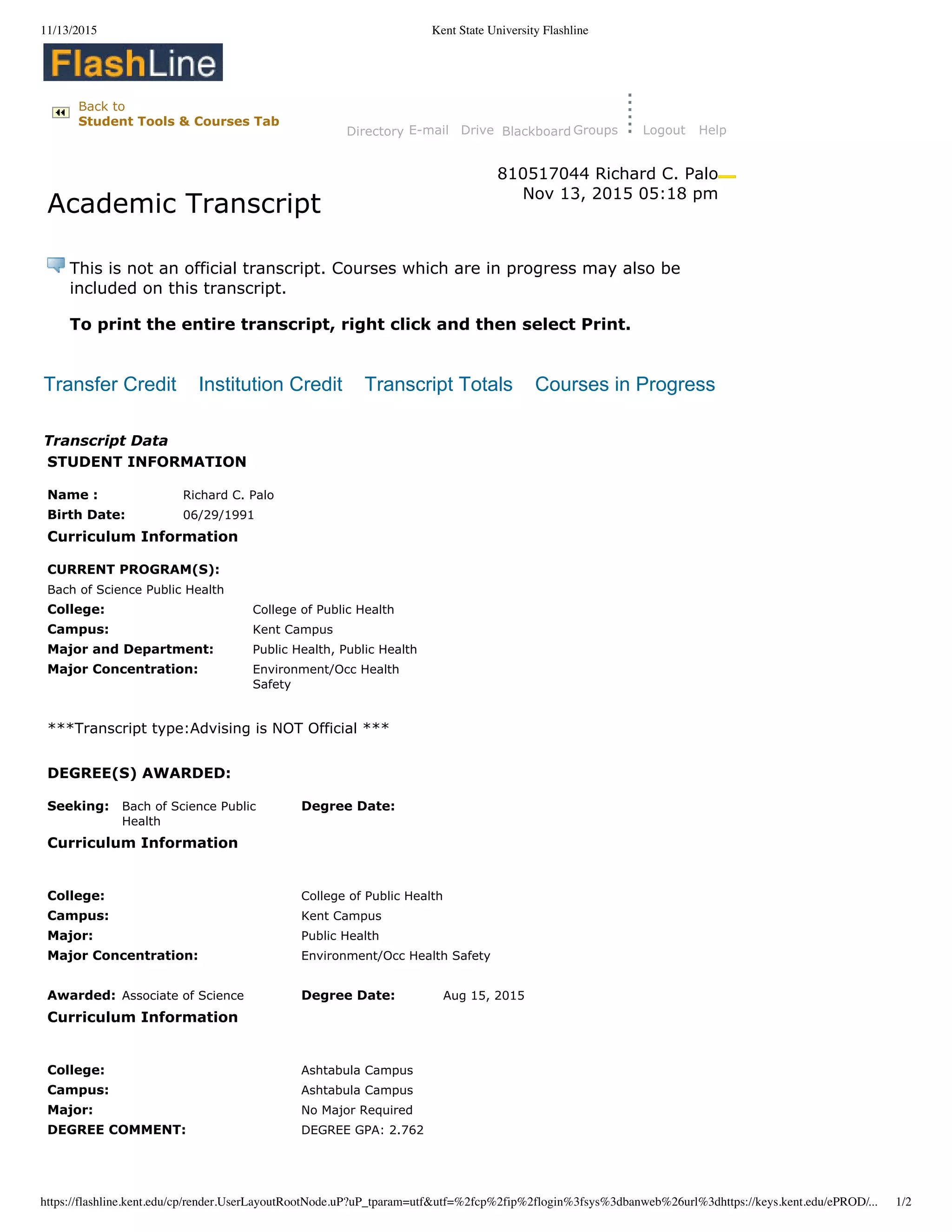 Kent State University Flashline Transcripts | PDF