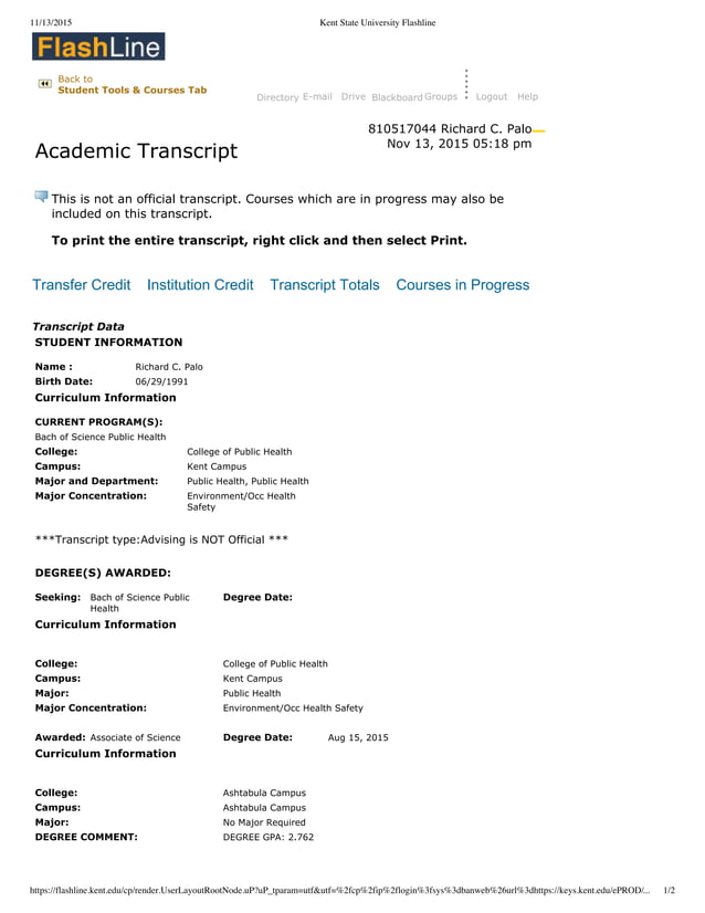 Kent State University Flashline Transcripts | PDF