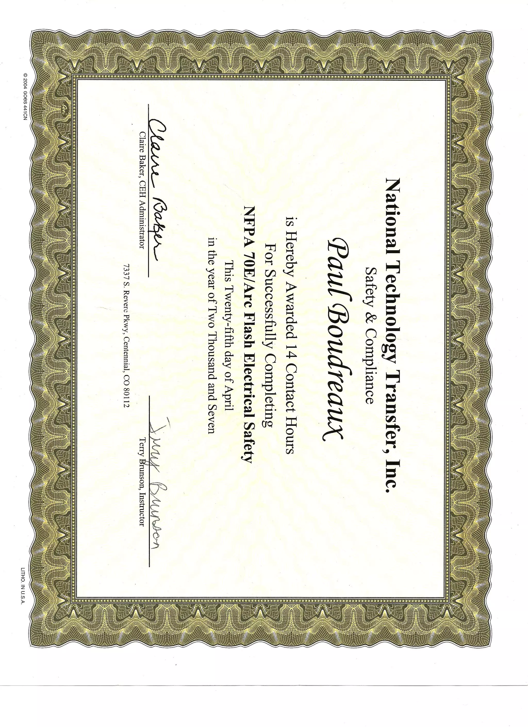 NFPA 70-E Certificate | PDF