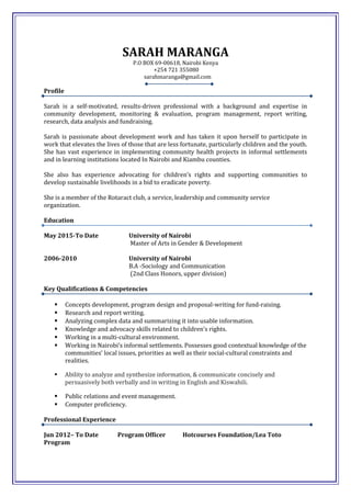 SarahWairimuMaranga Resume | DOC | Daycare and Pre-School | Parenting