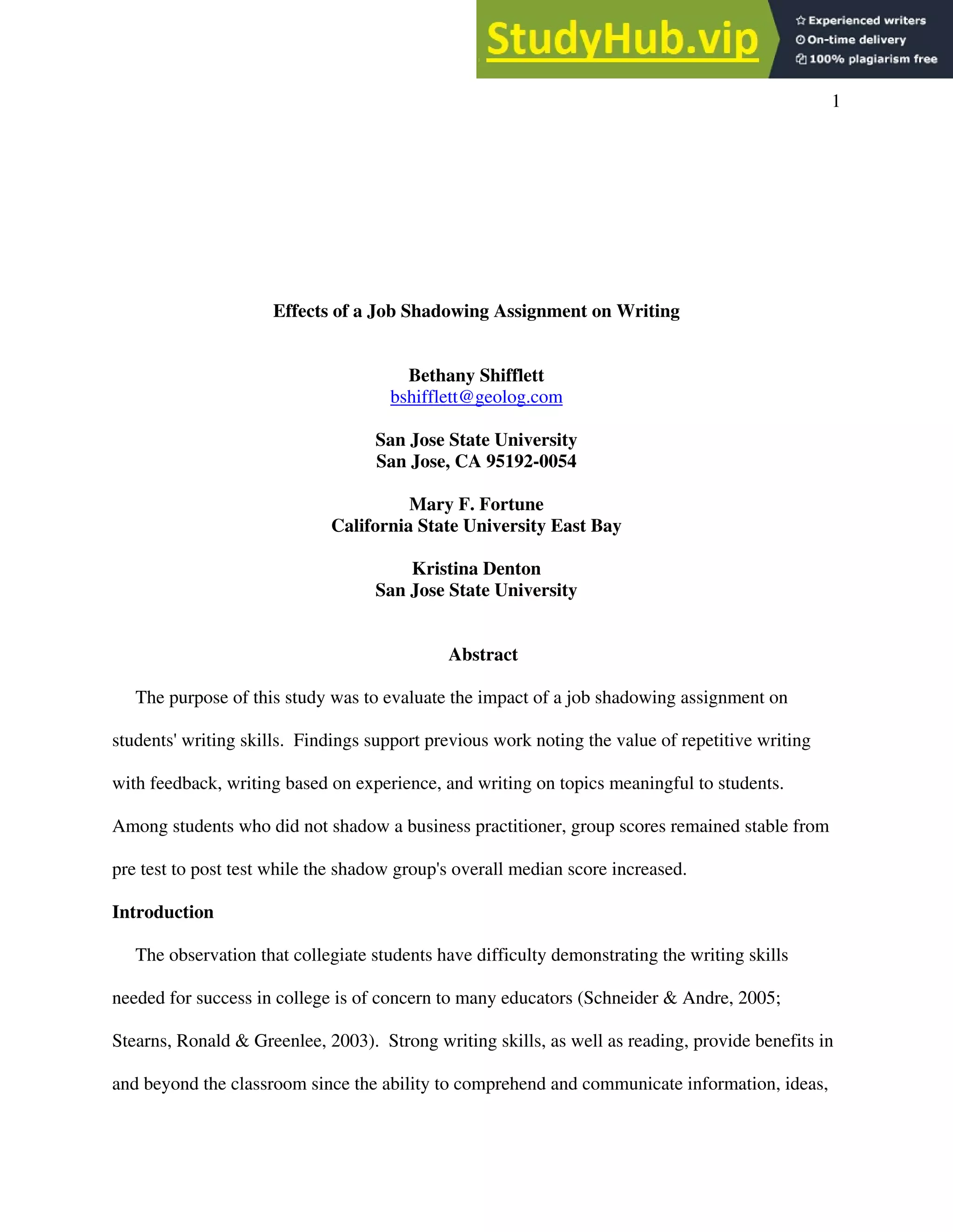 1 Effects Of A Job Shadowing Assignment On Writing | PDF