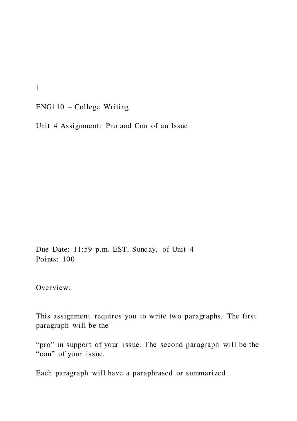 1 ENG110 – College Writing Unit 4 Assignment Pro an | PDF