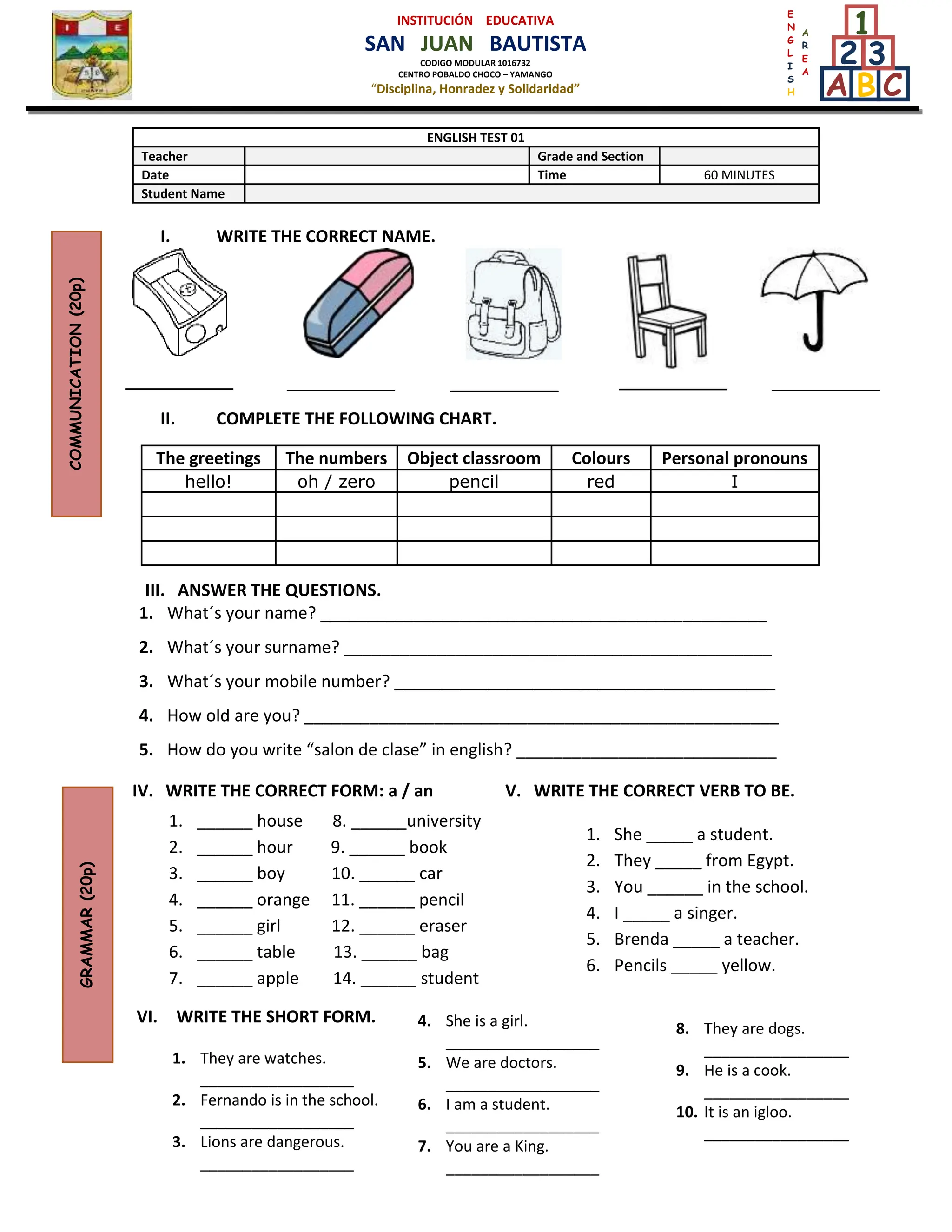 FIRST ENGLISH EXAM FOR SECUNDARY SCHOOL MINEDU | PDF
