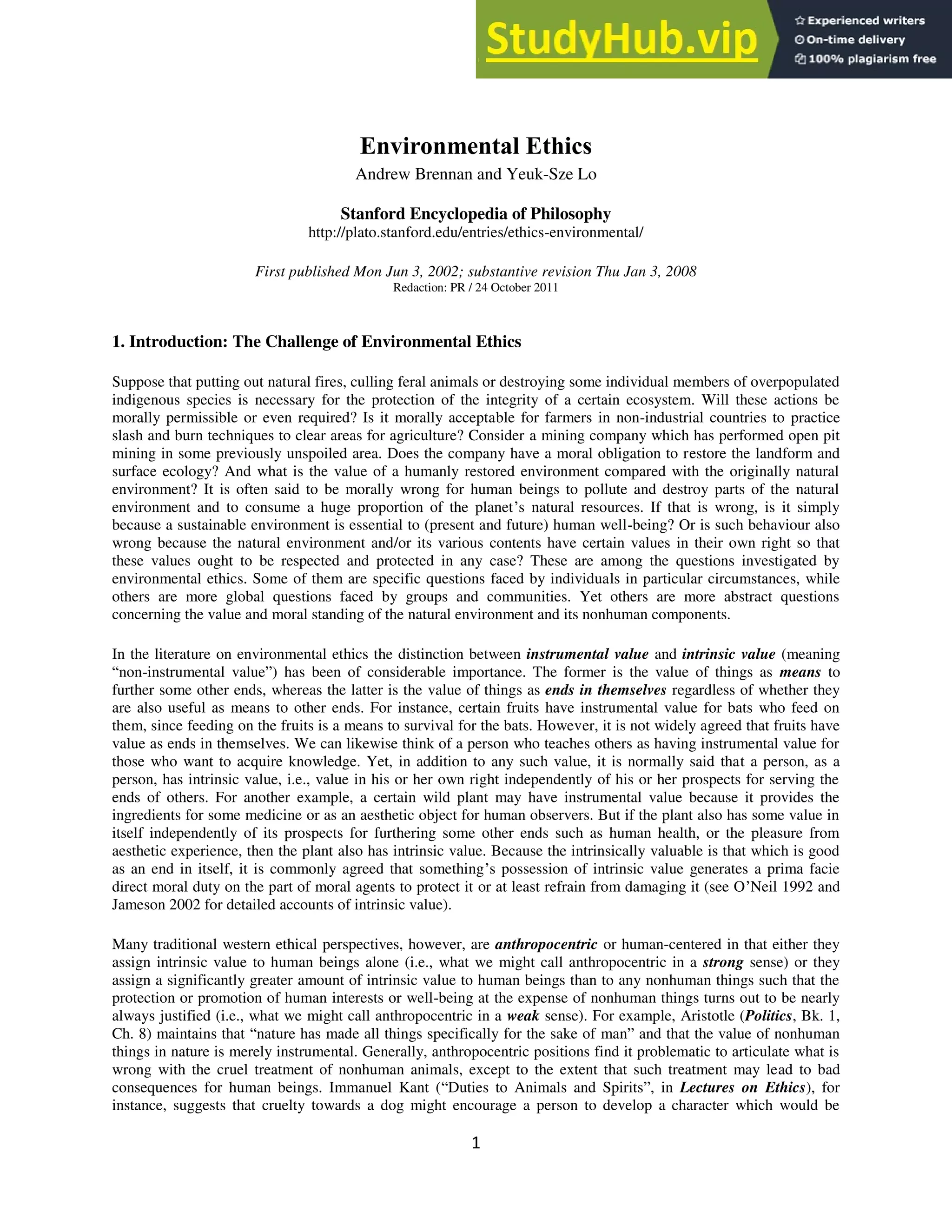 1 Environmental Ethics | PDF