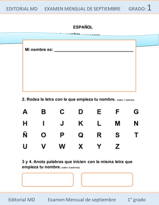 Examen Bimestral Primer Grado Primer Bimestre Mi Nombre Es