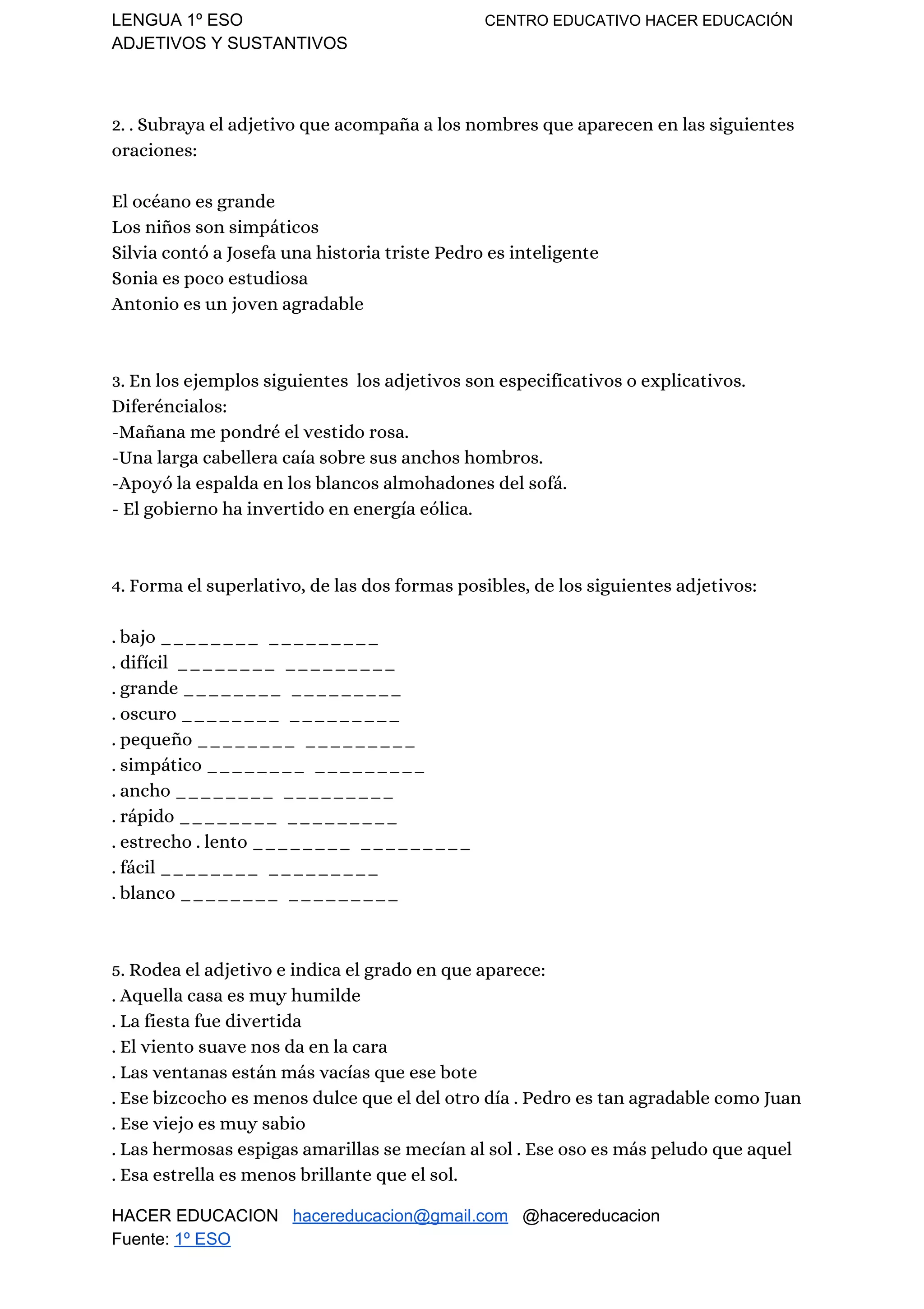 Lengua 1º eso: Adjetivos y Sustantivos | PDF