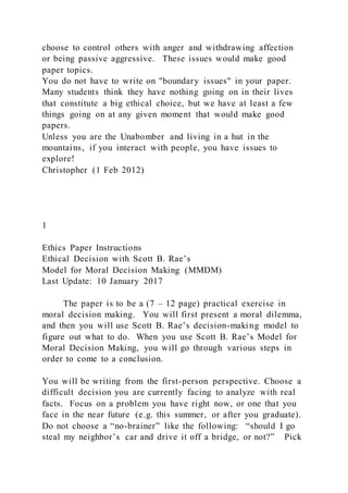 1ETHICS PERSONAL DECISION PAPER (with the Rae MMDM)Choosing a To | DOCX