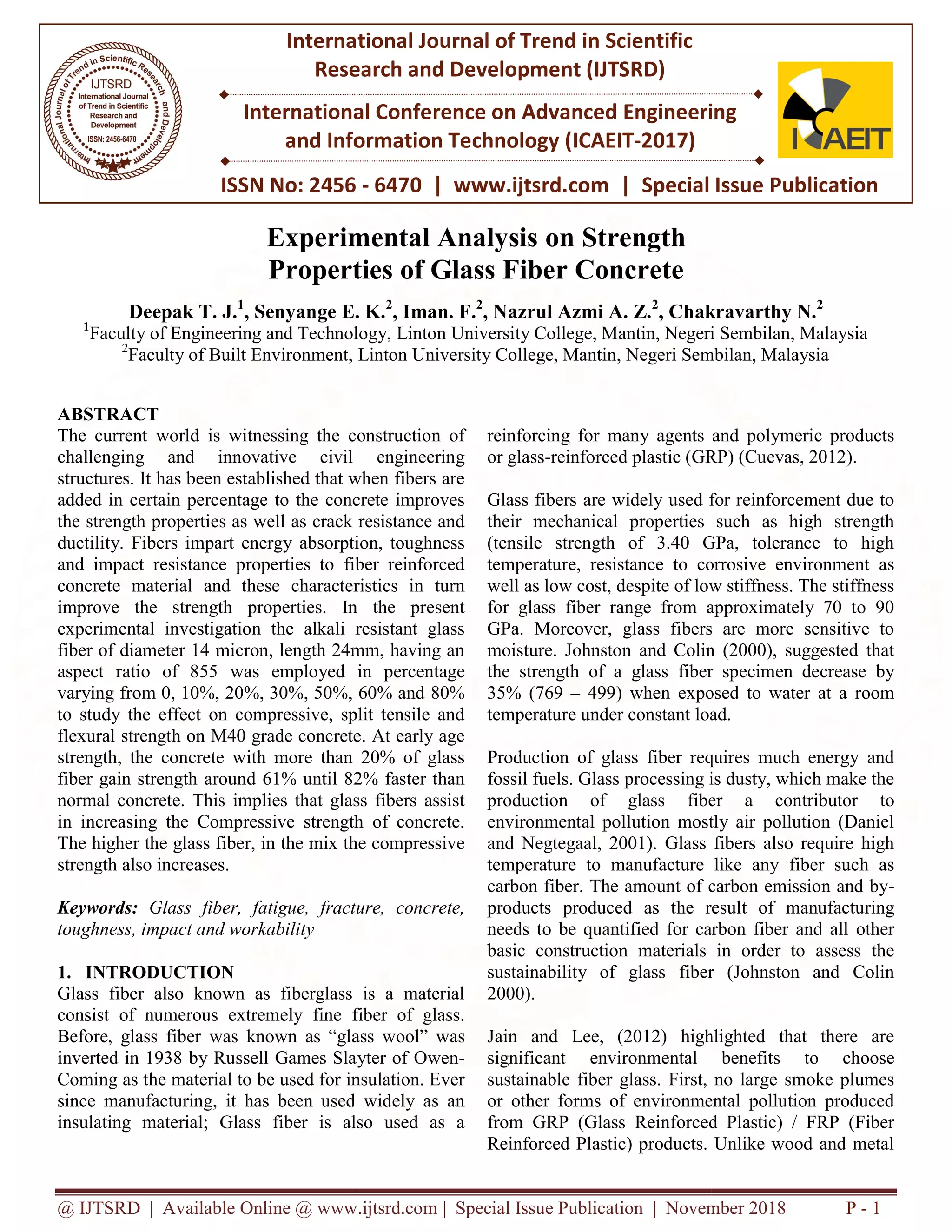 Experimental Analysis on Strength Properties of Glass Fiber Concrete | PDF