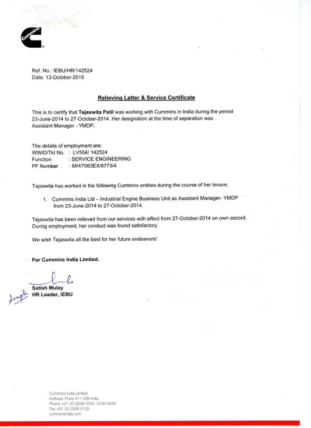 Service Engineer Experience certificate | PDF