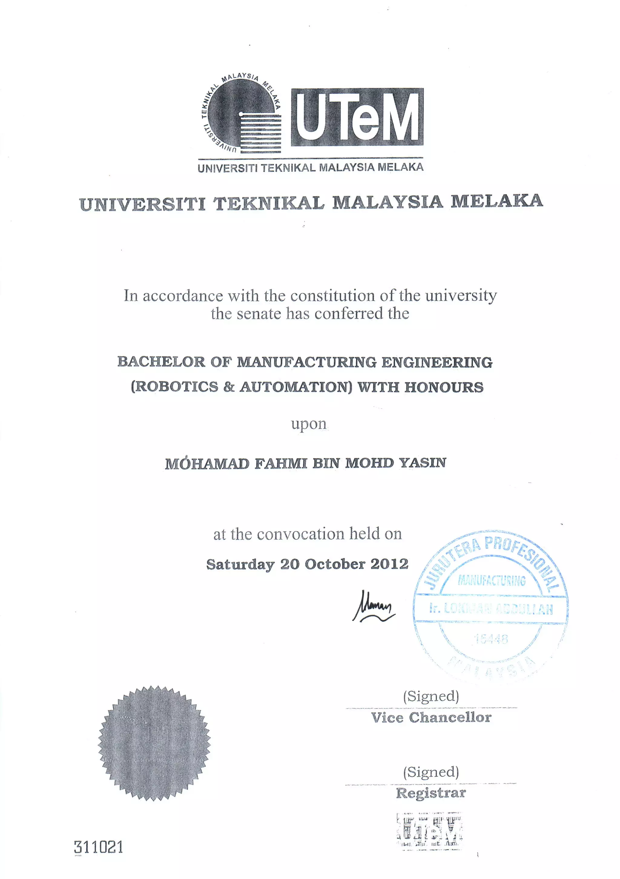 UTeM Degree Certificate | PDF | Education