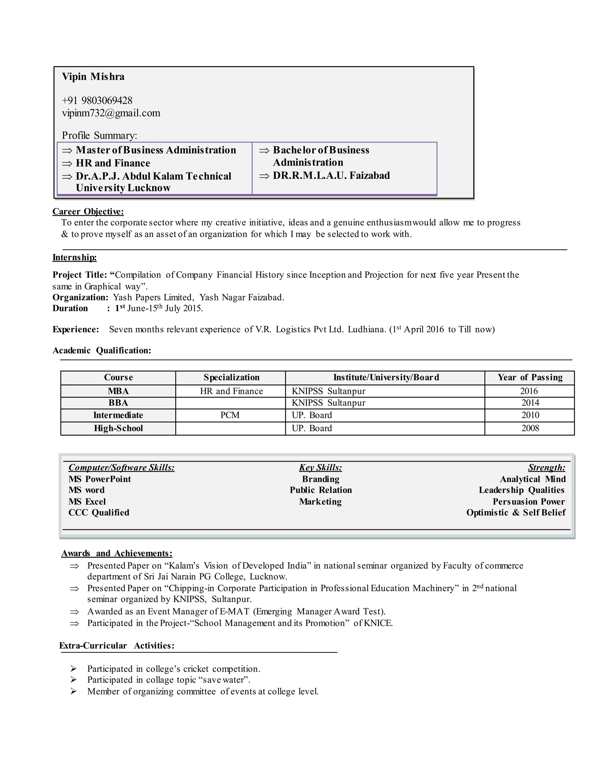 vipin resume1 | DOCX | Business | Business and Finance