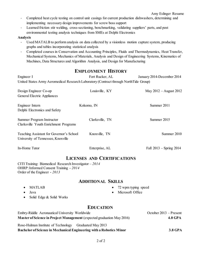 Amy Eslinger - Engineer Resume 2015 | PDF