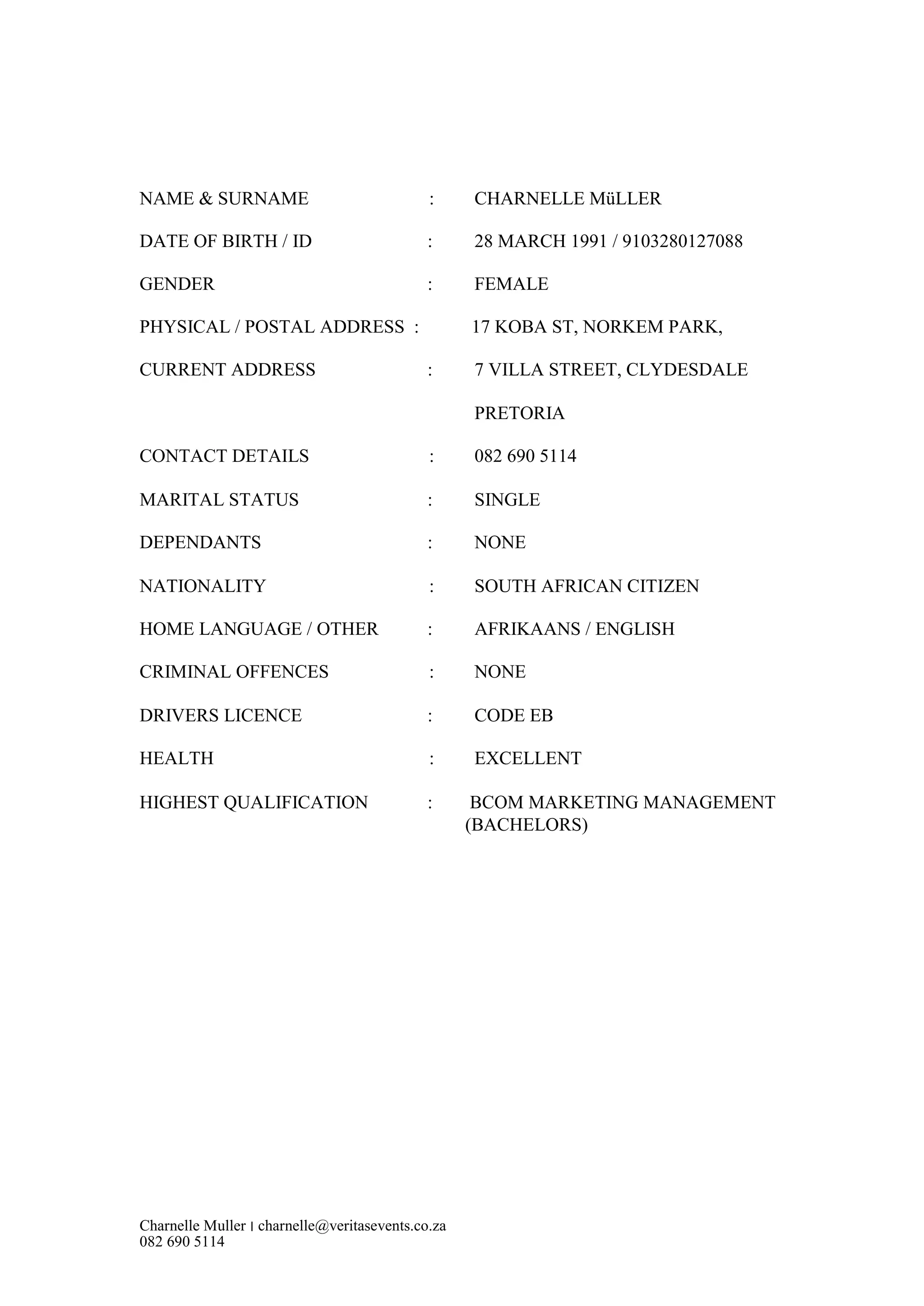 Charnelle Muller CV - PDF | PDF | Career Advice | Careers