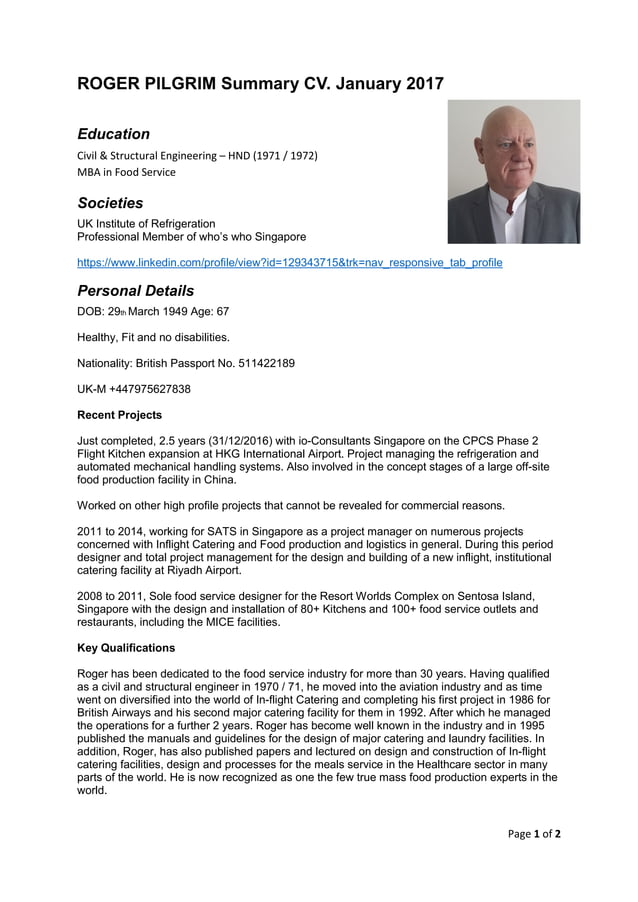 ROGER PILGRIM Summary of CV January 2017 | PDF | Food Industry | Industries