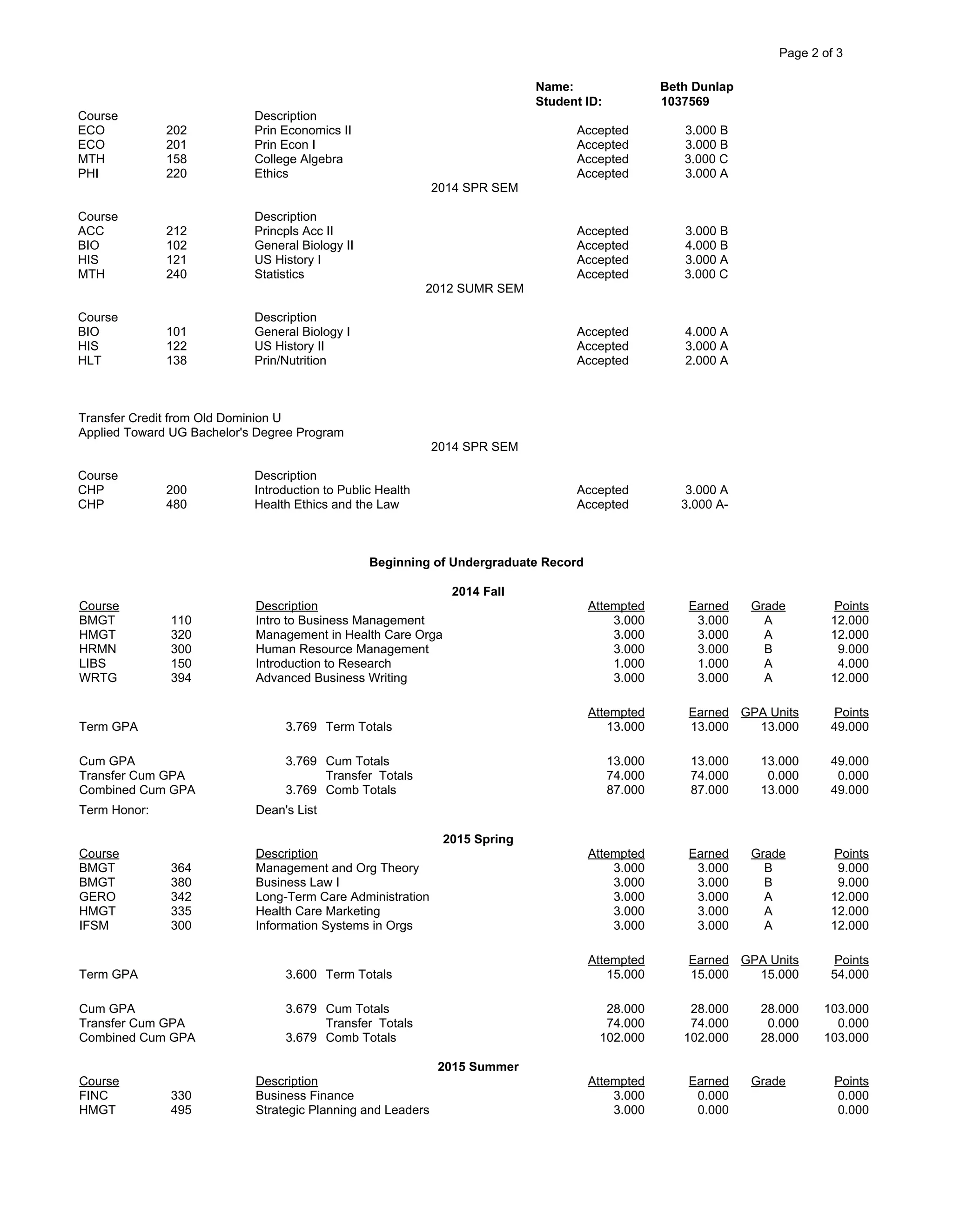 Bachelors Degree Transcript | PDF