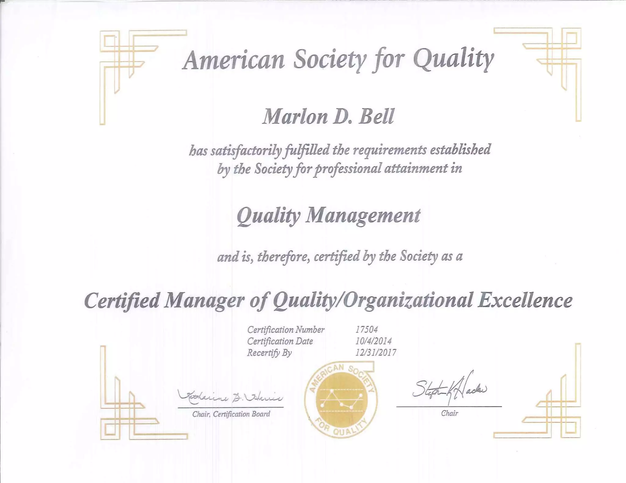 Certified Manager of Quality Org Excellence Certificate | DOC