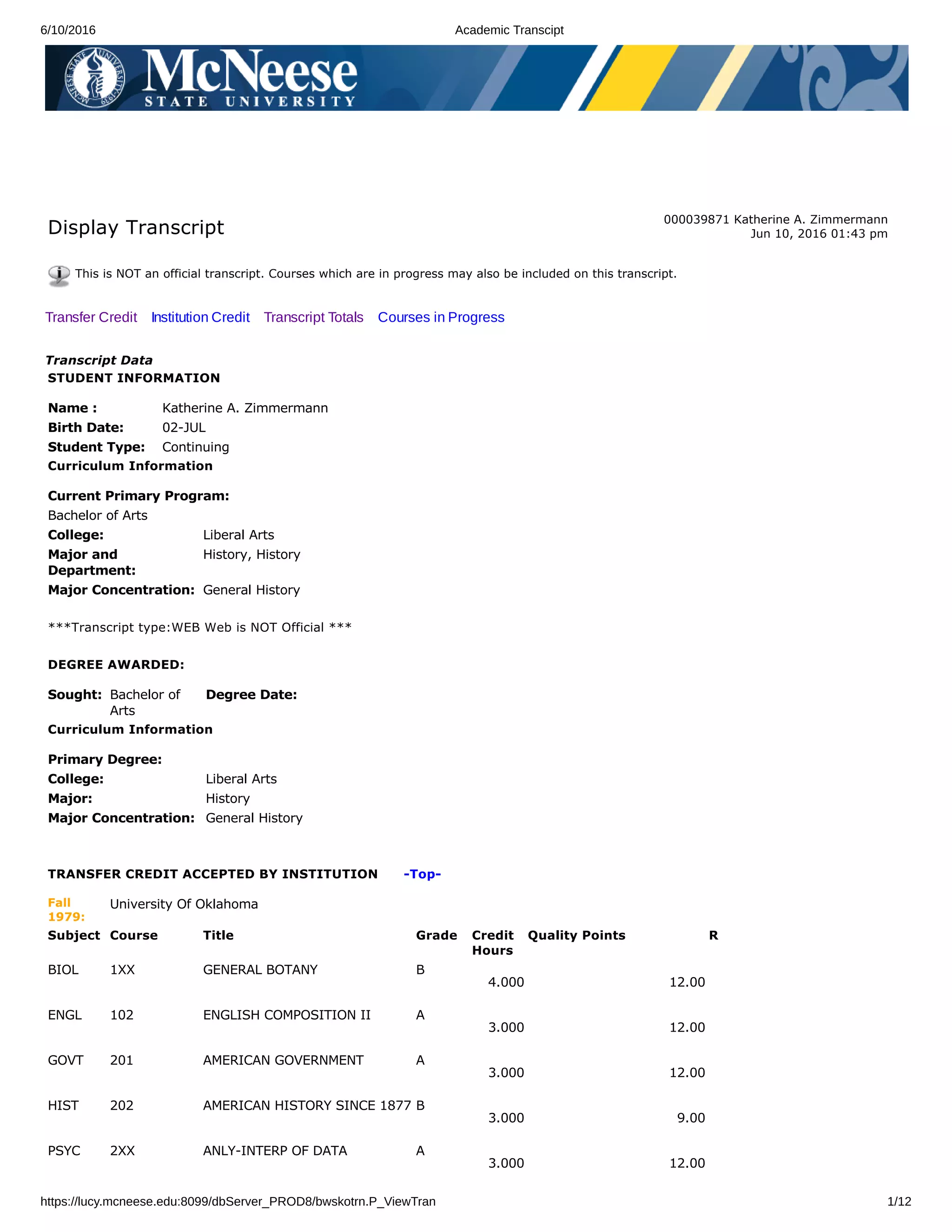 Academic TransciptKZimmermann2016 | PDF