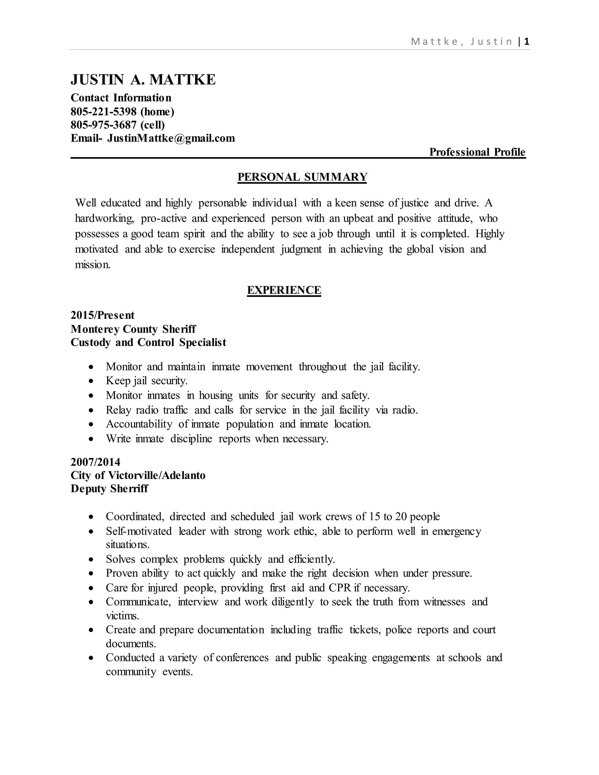 Resume Justin Mattke 020816 | PDF