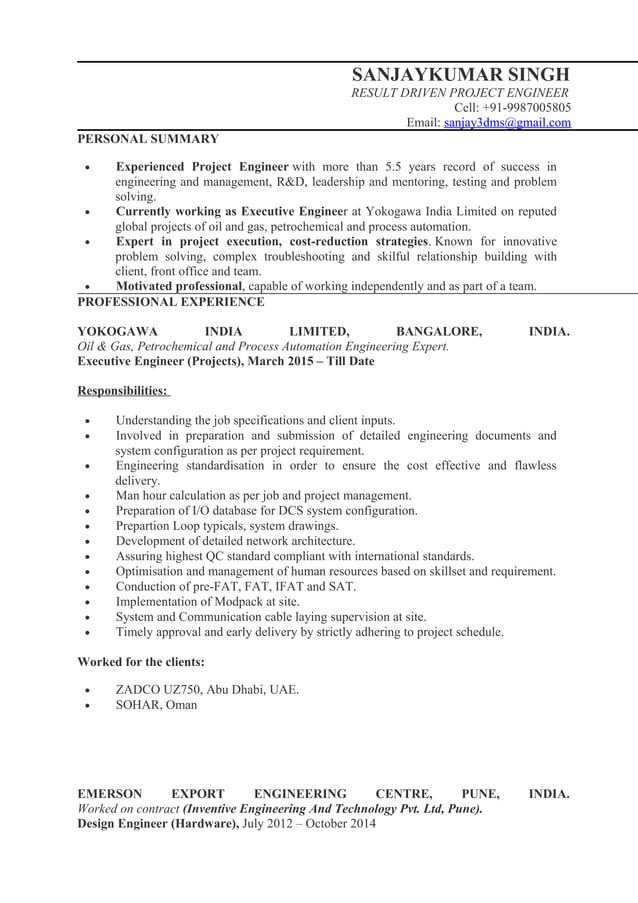 Project Engineer CV - Sanjaykumar Singh | PDF