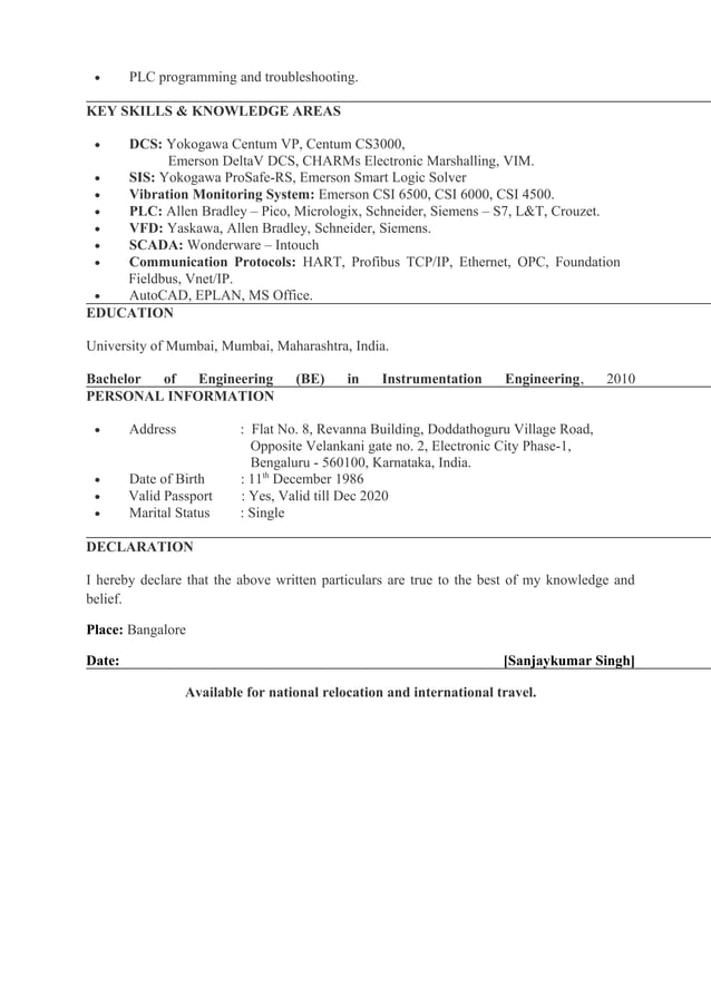 Project Engineer CV - Sanjaykumar Singh | PDF