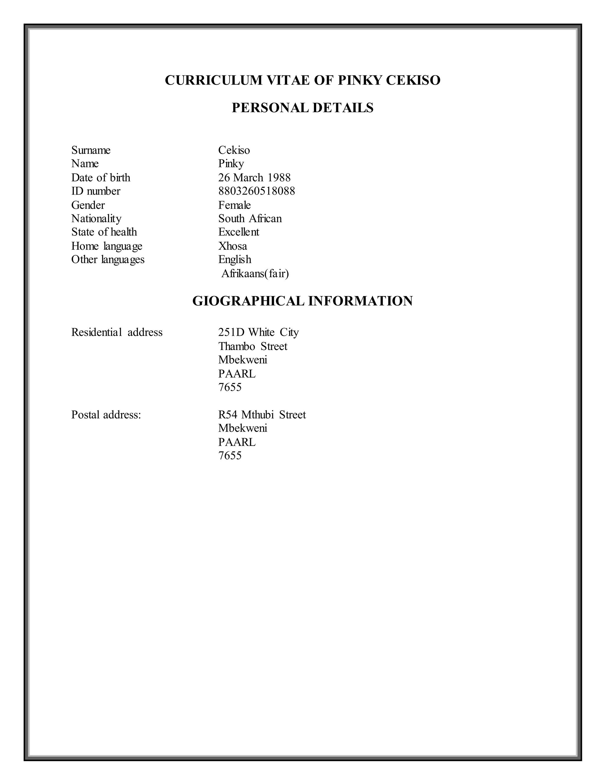 CURRICULUM VITAE OF PINKY CEKISO | DOCX