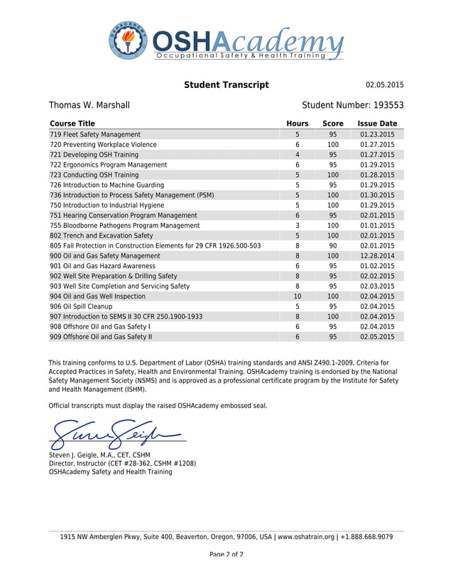 OSHAcademy Transcript | PDF