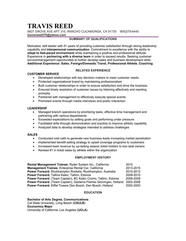 TravisReed Sales Resume 10-15 | DOC | Sales | Business