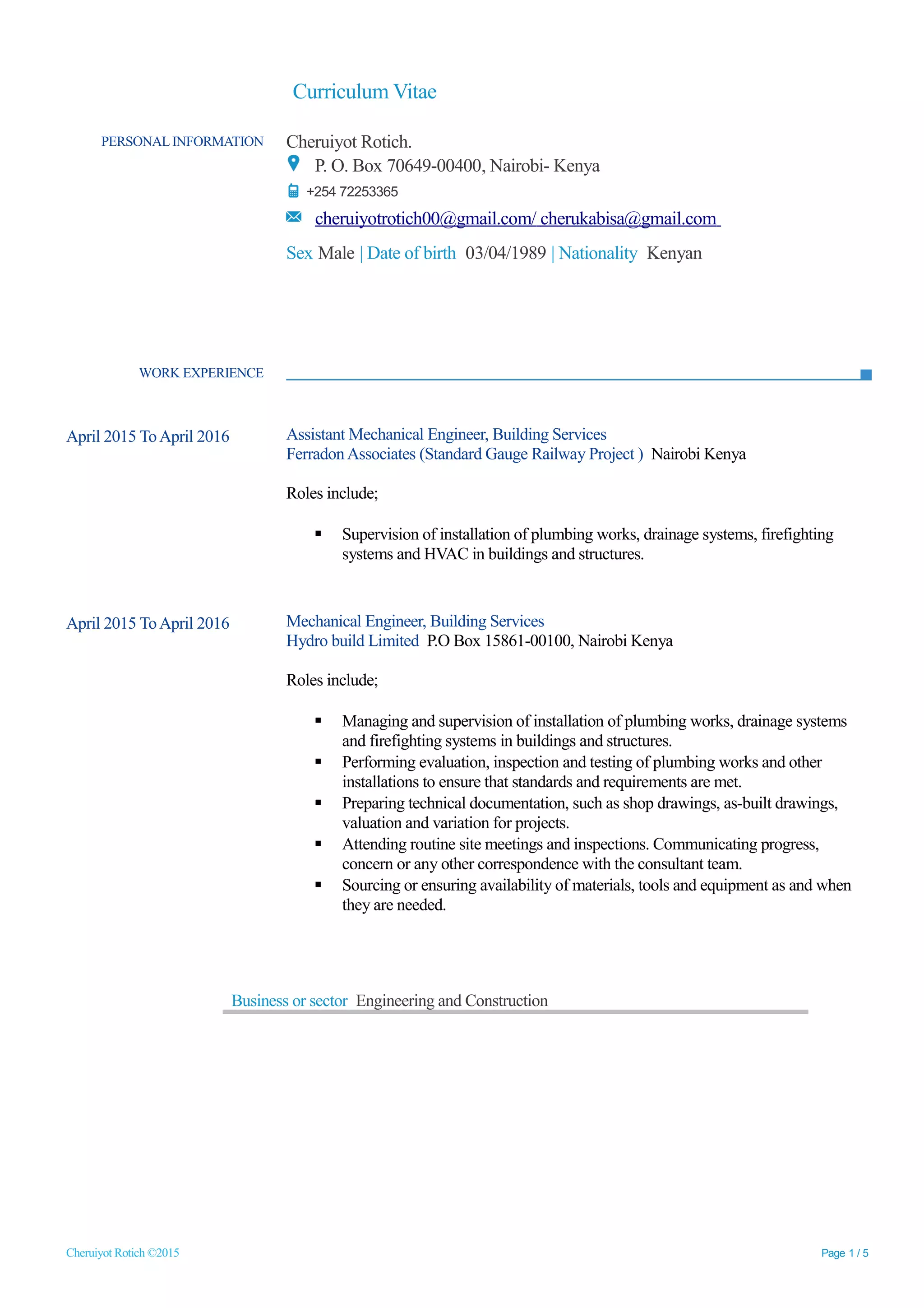 cheruiyot rotich- cv5 | DOC | Civil Engineering Industry | Industries