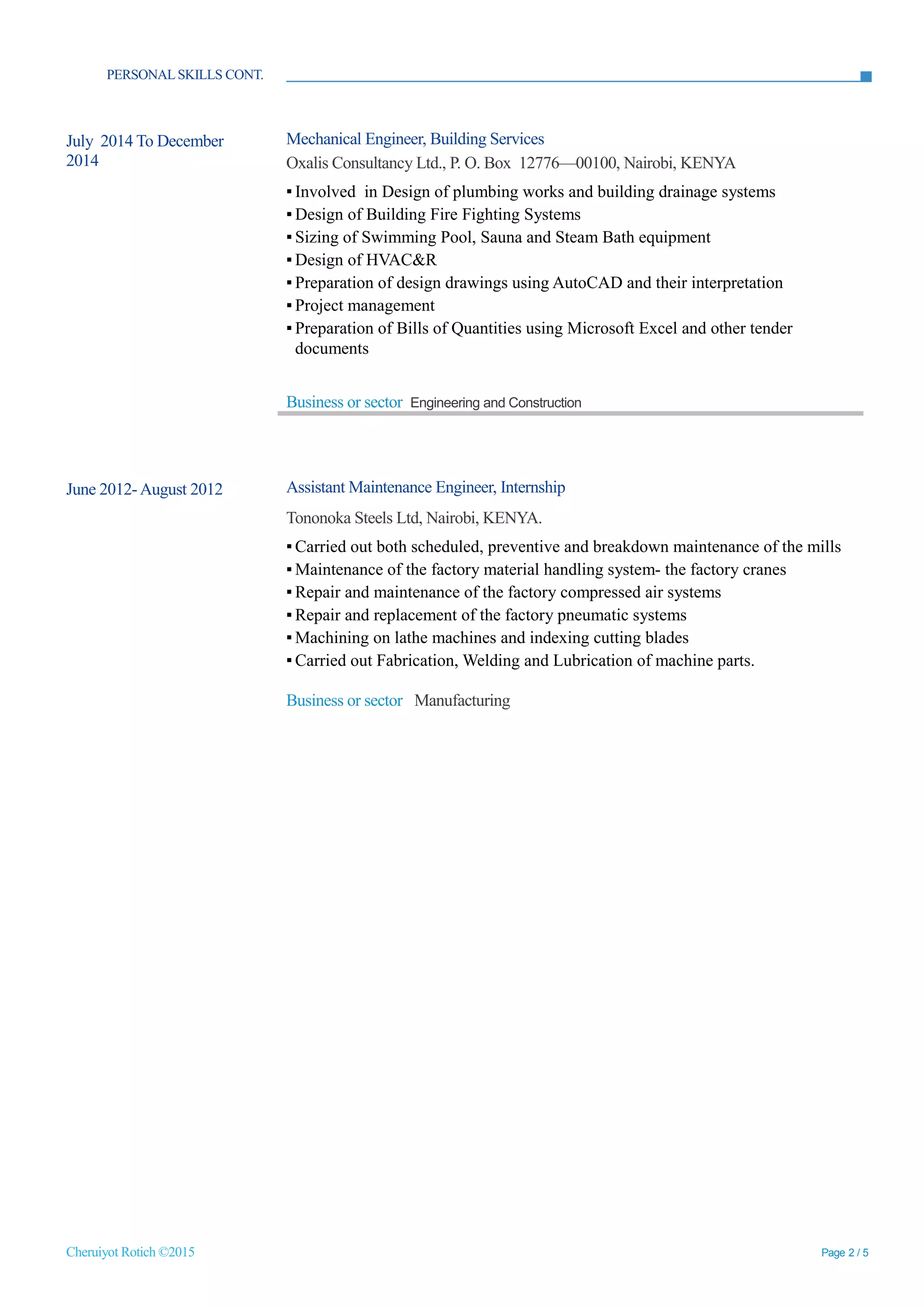 cheruiyot rotich- cv5 | DOC | Civil Engineering Industry | Industries