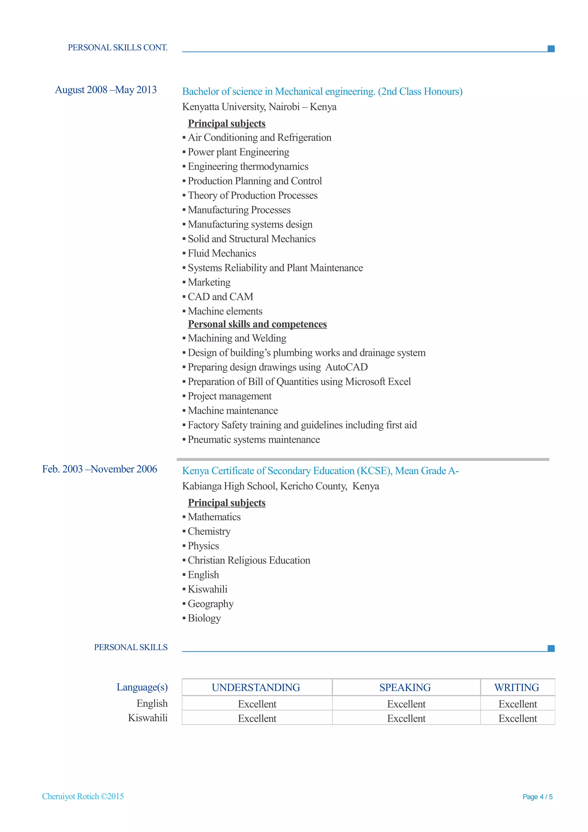 cheruiyot rotich- cv5 | DOC | Civil Engineering Industry | Industries