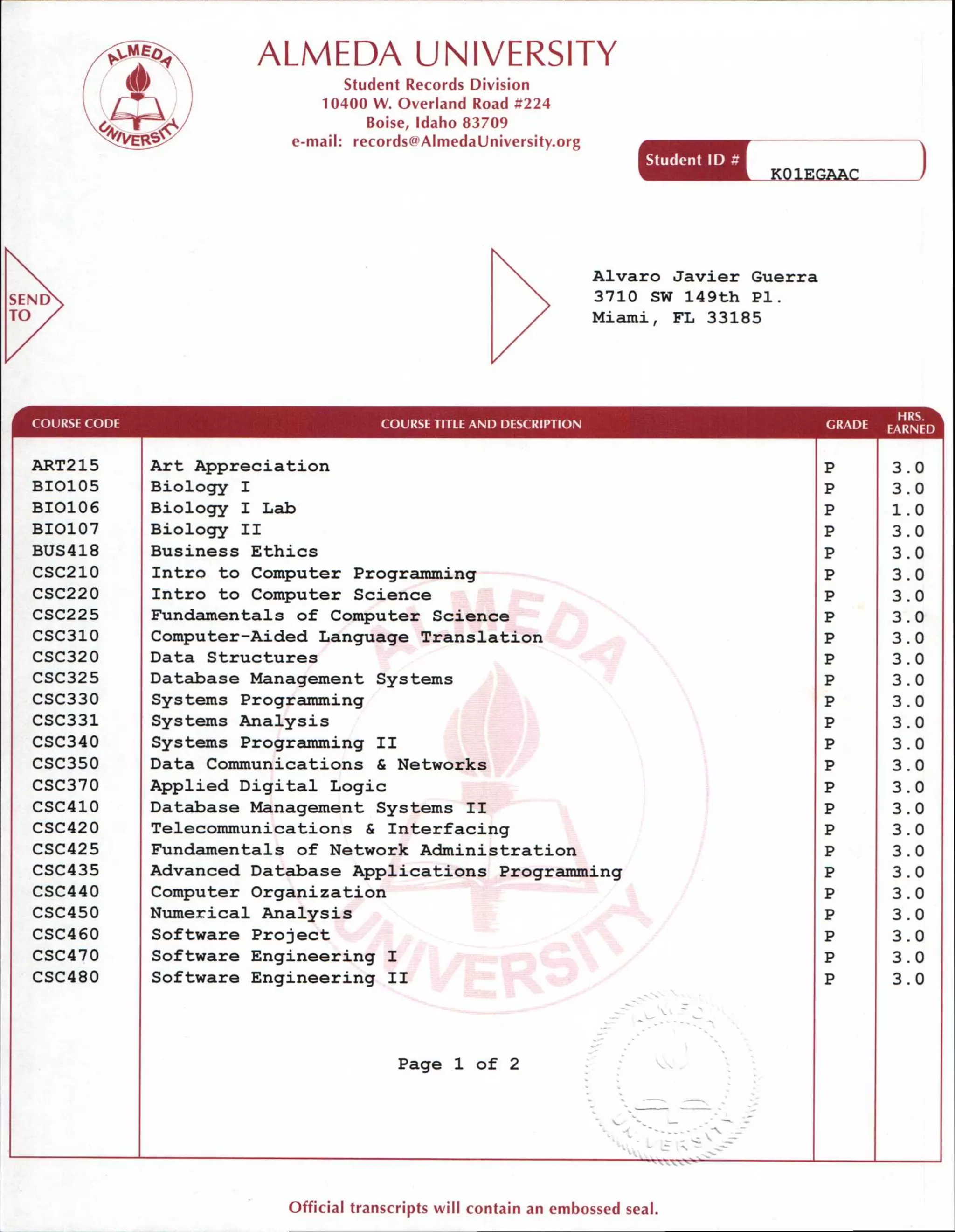 Almeda Transcripts for Bachelors of Science | PDF