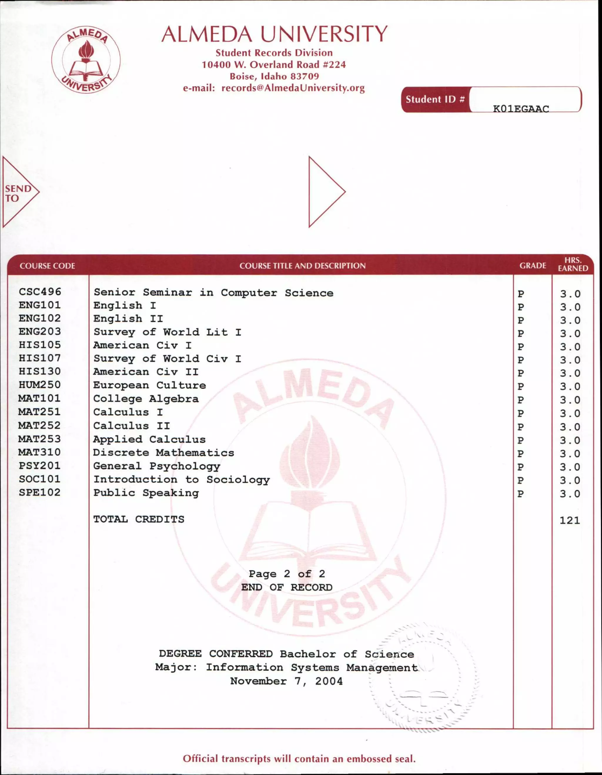 Almeda Transcripts for Bachelors of Science | PDF