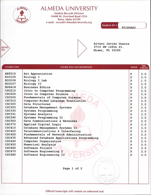 Almeda Transcripts for Bachelors of Science | PDF