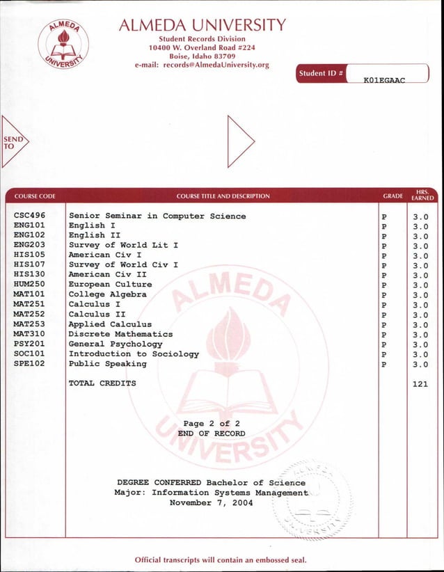 Almeda Transcripts for Bachelors of Science | PDF