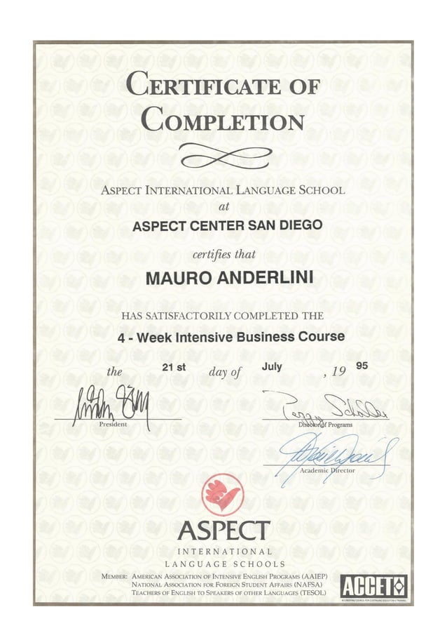 4-Week Intensive Business Course Certificate (Aspect San Diego - 1995 ...