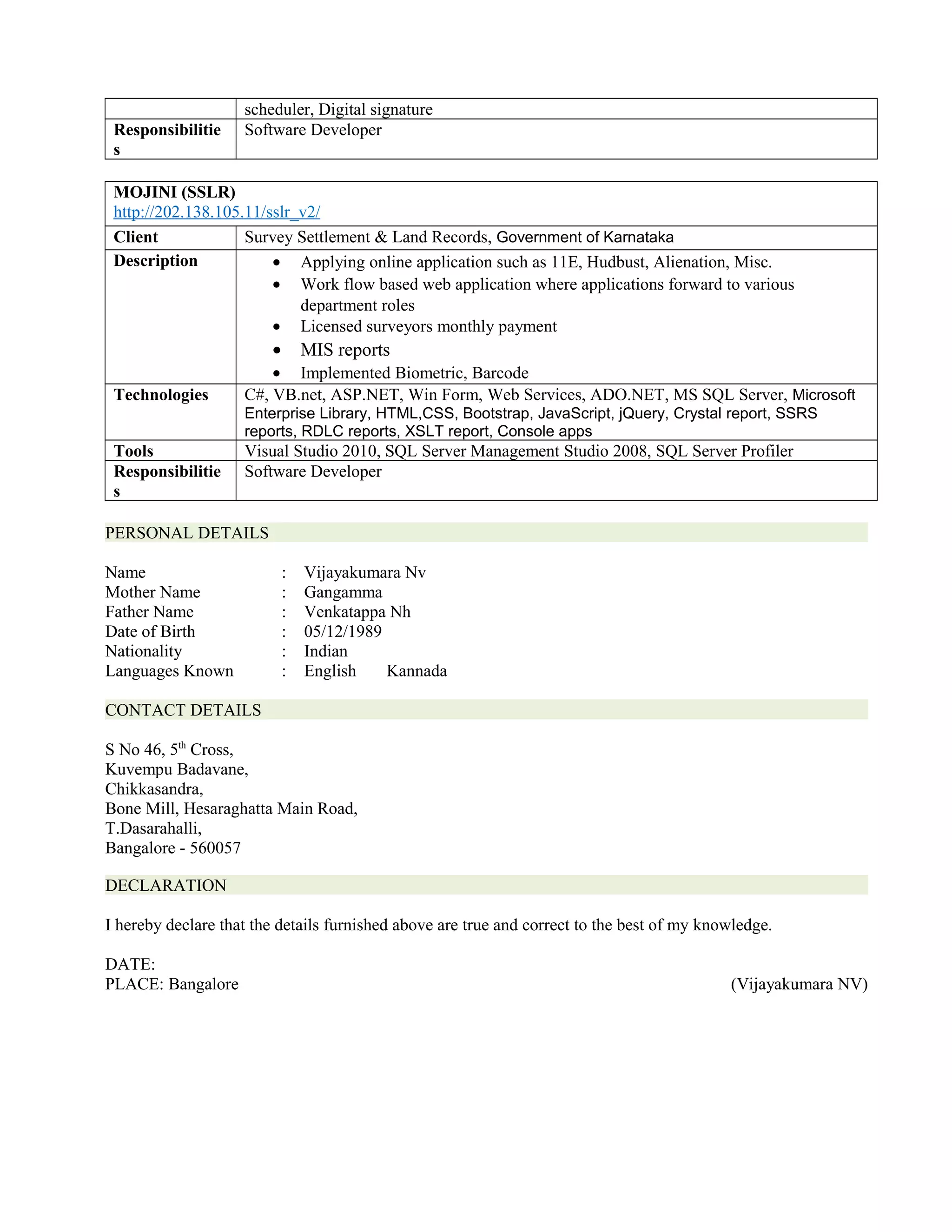 Vijay Kumar N V - Resume | DOC