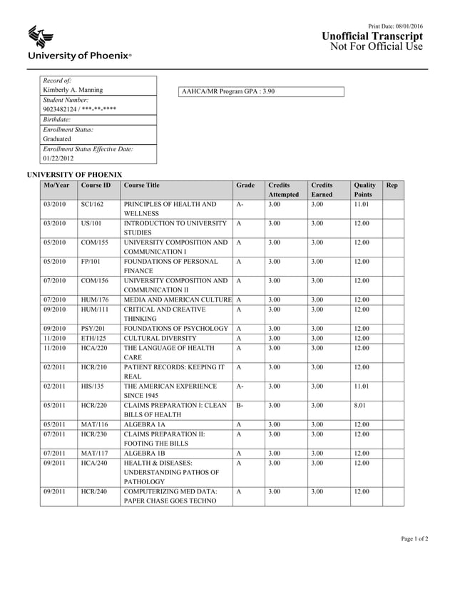 Phoenix transcript | PDF | Education